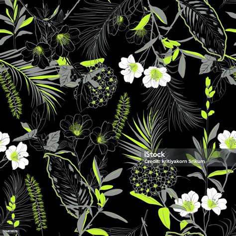 네온 그린 개화 정원 윤곽과 손 페인팅 꽃 원활한 패턴의 꽃과 트렌디 한 어두운 숲 귀여운에 대한 스톡 벡터 아트 및 기타 이미지 귀여운 꽃 나무 꽃 식물 Istock