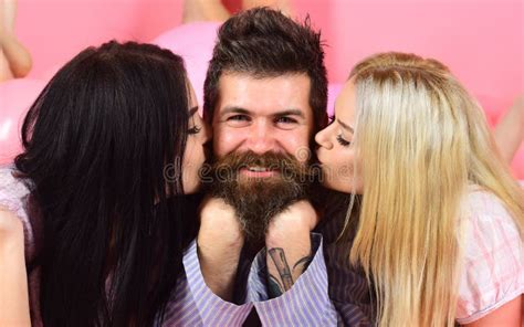 Threesome Lay Near Balloons Happy Guy On Smiling Face Man With Beard