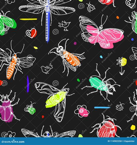 Seamless Pattern Of Insects Vector Doodle Illustration Stock Vector