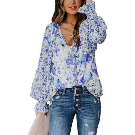 Womens Casual Boho Floral Print V Neck Long Sleeve Drawstring Tops