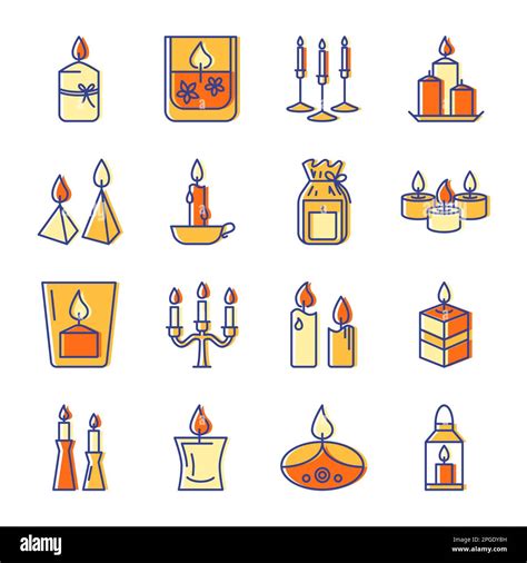 Candle Icons Set In Colored Line Style Isolated On White Light Source