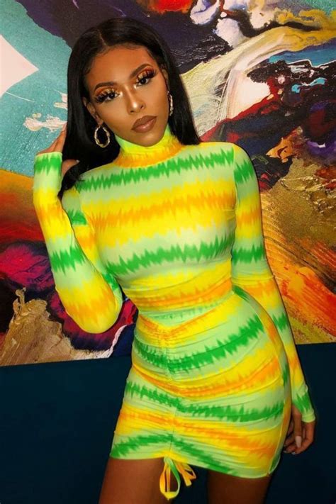 High Neck Long Sleeve Dress With Bodycon And Printed Design
