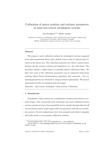 Pdf Calibration Of Mirror Position And Extrinsic Parameters In Axial Non Central Catadioptric