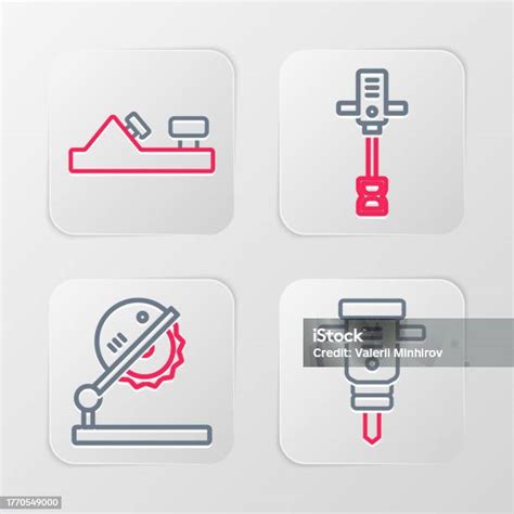세트 라인 건설 착암기 목공 테이블 톱 전기 손 콘크리트 믹서 및 나무 비행기 도구 아이콘 벡터 강철에 대한 스톡 벡터 아트 및 기타 이미지 Istock