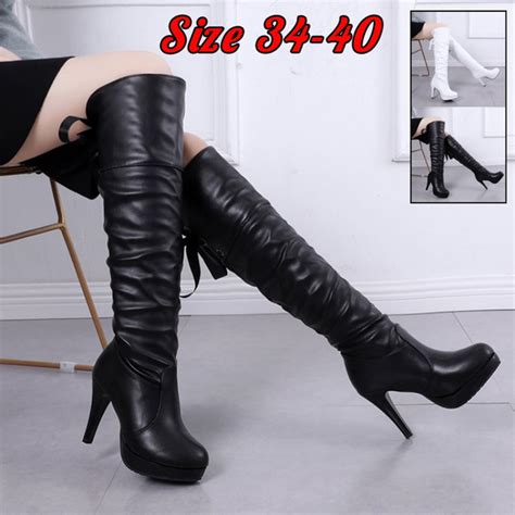 Pu Soft Leather Over Knee High Heels Boots Platform Warm Plush Woman S