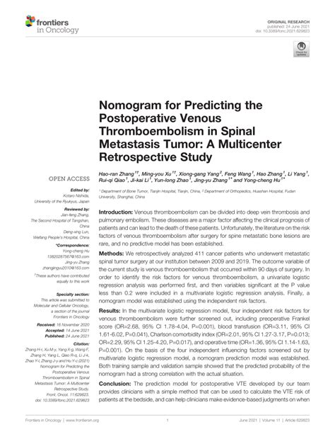 Pdf Nomogram For Predicting The Postoperative Venous Thromboembolism