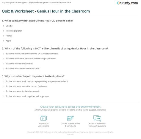 Quiz And Worksheet Genius Hour In The Classroom