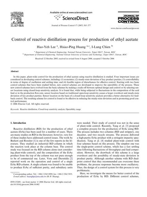 Pdf Control Of Reactive Distillation Process For Production Of Ethyl