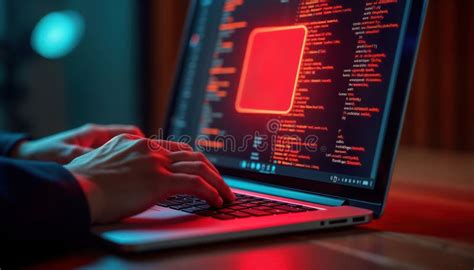 Person Works On Laptop At Night Person Types On Keyboard Red Alert On Screen Cybersecurity