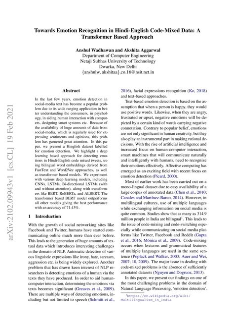 Towards Emotion Recognition In Hindi English Code Mixed Data A Transformer Based Approach Deepai