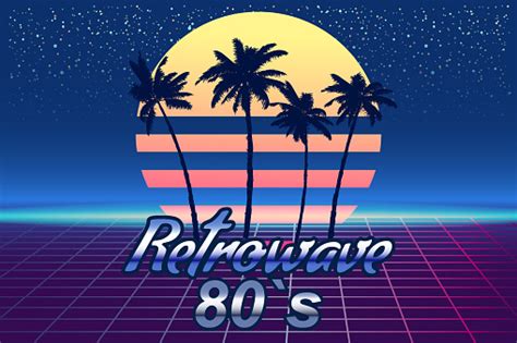 레트로 웨이브 80의 복고풍 배너 증기파 미적 배경 팜스 실루엣 그리드 3d 선셋 신스웨이브 1980 1989 년에 대한 스톡 벡터 아트 및 기타 이미지 Istock