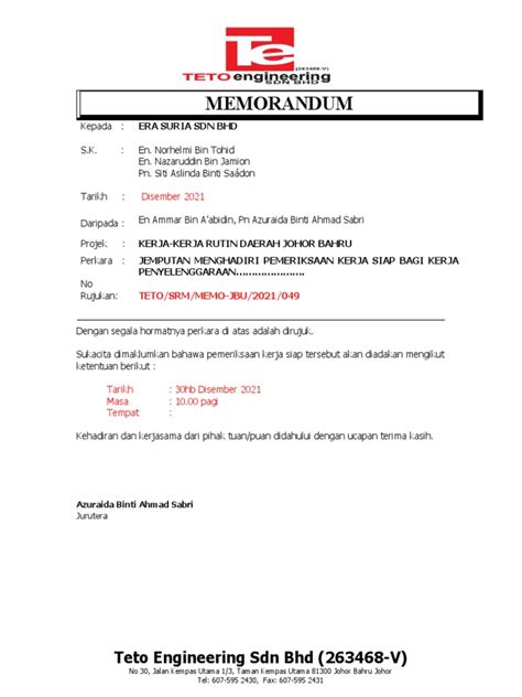 Contoh Memo Jemputan Pemeriksaan Kerja Siap Pdf