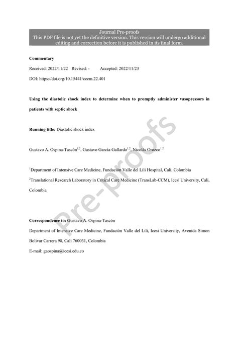 Pdf Using The Diastolic Shock Index To Determine When To Promptly Administer Vasopressors In