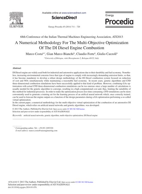 Pdf A Numerical Methodology For The Multi Objective Optimization Of The Di Diesel Engine
