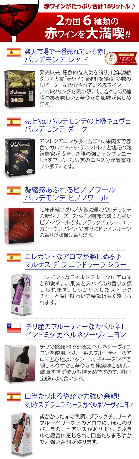 【楽天市場】【500円offクーポン】利用でボトル換算438円 送料無料 今だけ『金賞スパークリング』付き！ 《箱ワイン》6種類の赤箱ワイン