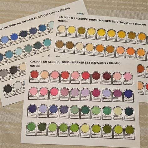 Caliart 121 Color Alcohol Brush Marker Set Swatch Chart Prefilled Template Printable Pdf