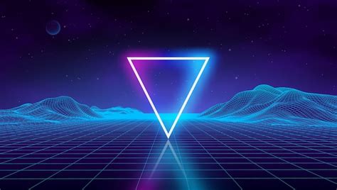 게임 음악 D 댄스 갤럭시 포스터 S 배경 디스코 네온 삼각형 Sy에 대한 레트로 미래 배경 프리미엄 벡터