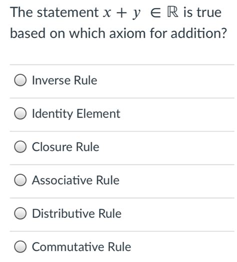 Solved The Statement X Y R Is True Based On Which Axiom For Addition
