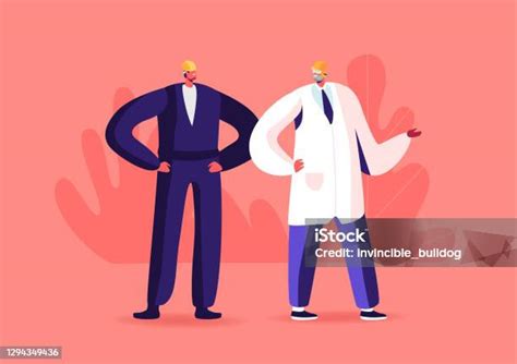 남성 캐릭터는 공장에서 작업합니다 작업자 복장 화이트 로브 헬멧을 입은 남성 제조 제어 생산 공정 건강관리와 의술에 대한 스톡