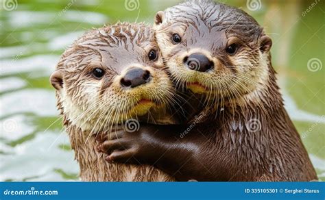 Two Otters Hugging Each Other In The Water With Their Eyes Closed AI