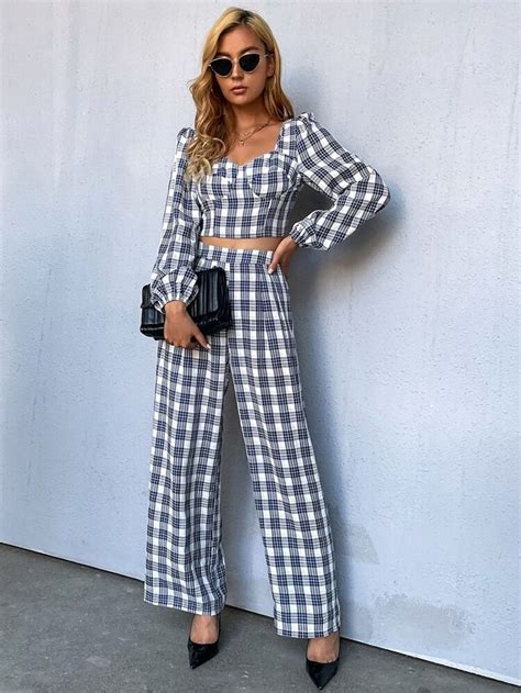 Plaid Print Sweetheart Neck Lantern Sleeve Crop Top And Pants Lantern