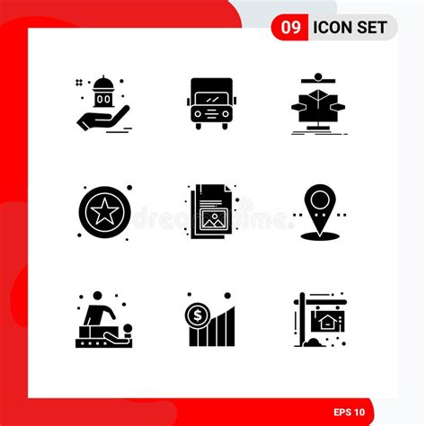 pictogram set of 9 simple solid glyphs of document web algorithm