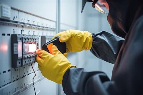 Premium AI Image Closeup Worker Tester Measuring Voltage And Current Of Power Electric Line In