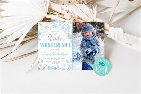Editable Winter Wonderland Boy Birthday Invitation Silver And Blue