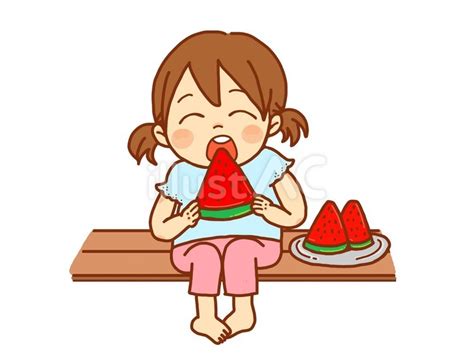 縁側でスイカを食べる女の子イラスト No 25209684｜無料イラスト・フリー素材なら「イラストac」