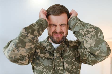 Depressed Man Recalling War Days Portrait Of Veteran Soldier Who Has