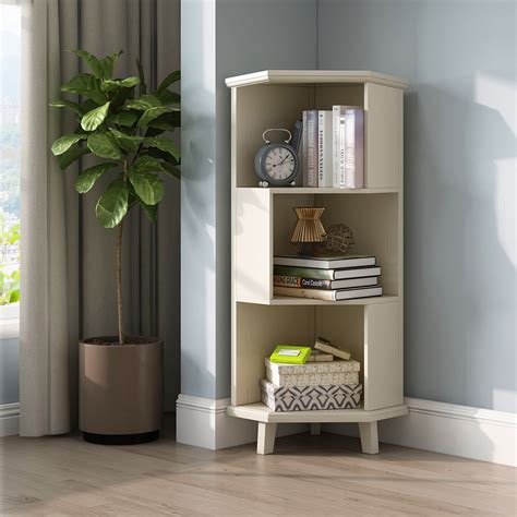 Balanbo 3 Layer Cube Corner Bookshelf Solid Wood Corner Bookcase（white）