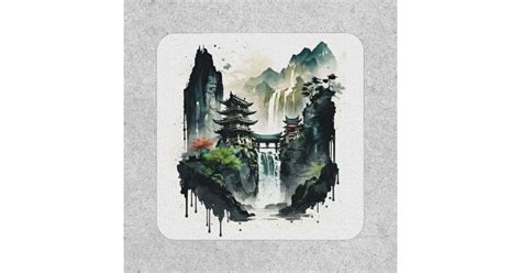 Ancient Chinese Ink Landscape With Waterfall Patch Zazzle