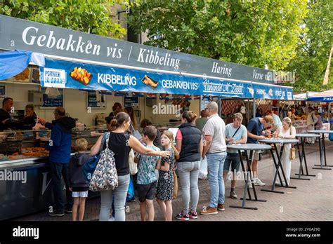 Seafood Market Stall In Hengelo Customers Queue To Order Kibbeling And