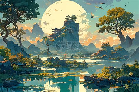 月光下的山湖插画图片下载 正版图片601137400 摄图网