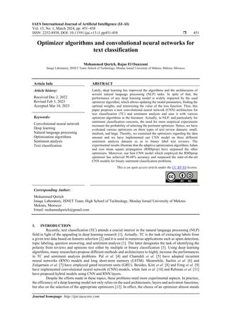 Optimizer Algorithms And Convolutional Neural Networks For Text