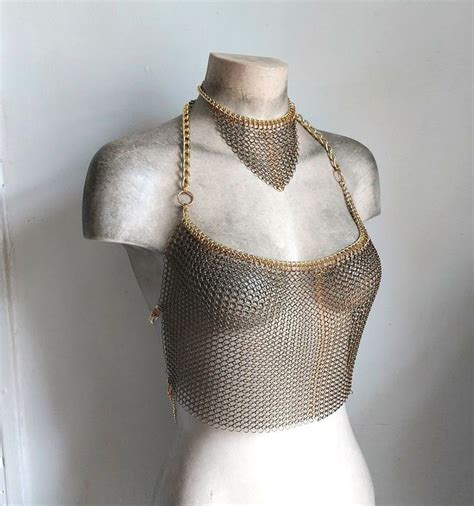 Gold Brass Long Halter Chainmail Harness Warrior Queen Festival Top