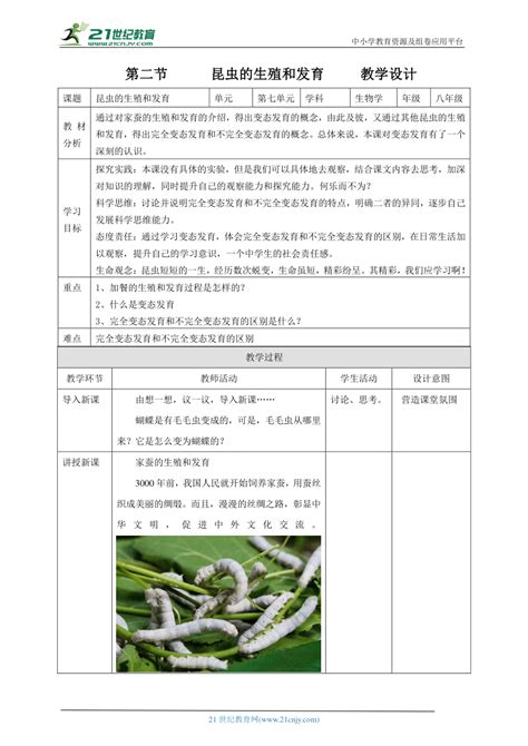 人教版712 昆虫的生殖和发育 教学设计 21世纪教育网