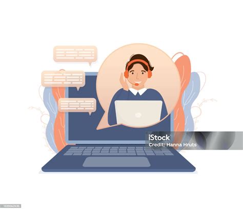 콜 센터 핫라인 플랫 벡터 일러스트레이션 헤드셋 만화 캐릭터와 함께 미소 사무실 노동자 노트북이 있는 헤드폰과 마이크가 있는