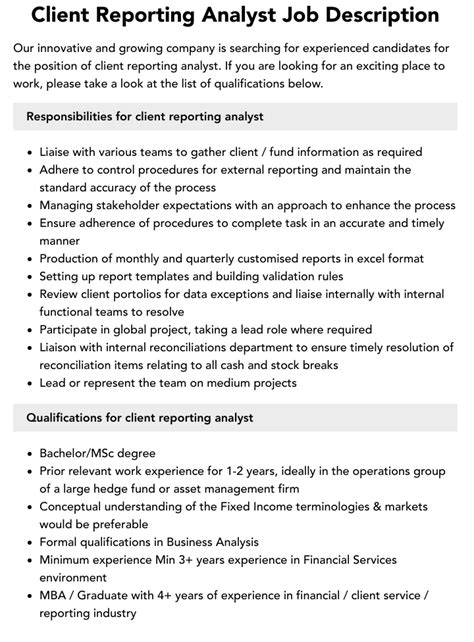 Client Reporting Analyst Job Description Velvet Jobs