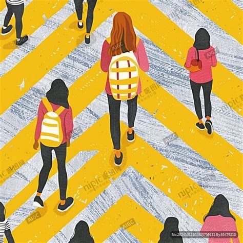 Ai创作图毕业季创意斑马线 马路散步赏学插画 走路的女生 人群行走斑马线插图 走路人物素材 背影女孩女孩插画 学生插画图案 开学季地贴斑马线 人物行走图 校园人物插画 女孩背影女孩插画 背影