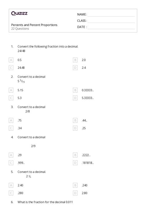 50 Percents Worksheets For 7th Grade On Quizizz Free And Printable