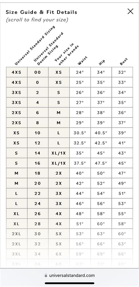 Universal Standard Size Chart Size Universal Visit Standard