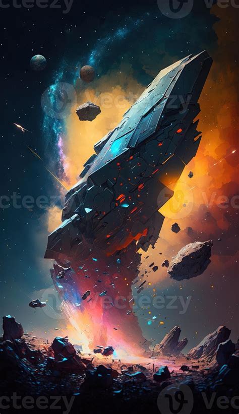 Spaceship Flying Through A Field Of Asteroid Debris With Colorful