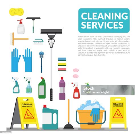 가정용 용품 청소 제품 흰색 배경에 고립 된 집 청소 도구의 벡터 세트 청소 서비스 회사를위한 텍스트 및 로고복사 공간이있는 템플릿 가사 집안일에 대한 스톡 벡터 아트 및
