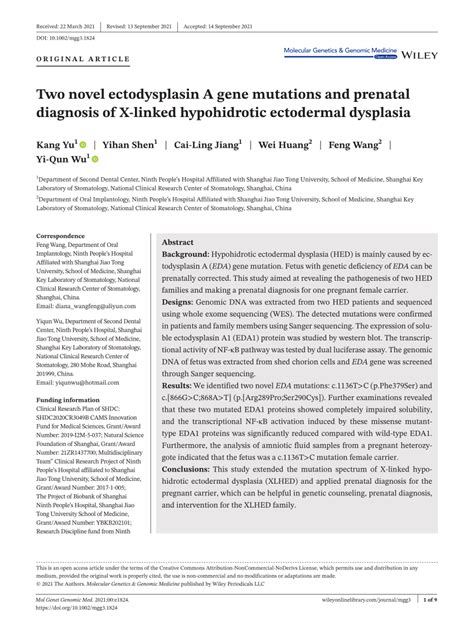 pdf two novel ectodysplasin a gene mutations and prenatal diagnosis