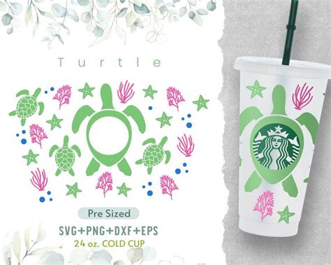 24oz Turtle Cold Cup Svg Venti Cold Cup Svg Full Wrap Starfish Svg
