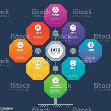기술 또는 교육 프로세스의 인포그래픽 아이콘이 설정된 보고서의 일부입니다 8가지 옵션이 있는 비즈니스 컨셉 차트 다이어그램 또는 프레젠테이션의 웹 템플릿입니다 마인드 맵 0