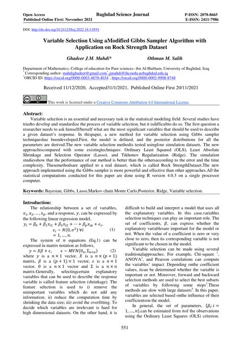 PDF Baghdad Science Journal Variable Selection Using AModified Gibbs