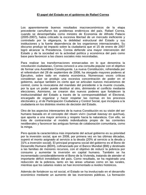 El Papel Del Estado En El Gobierno De Rafael Correa Pdf Estado