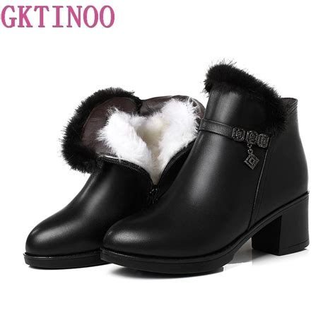 Gktinoo Women Boots High Heels Platform Shoes Winter Thick Warm Wool